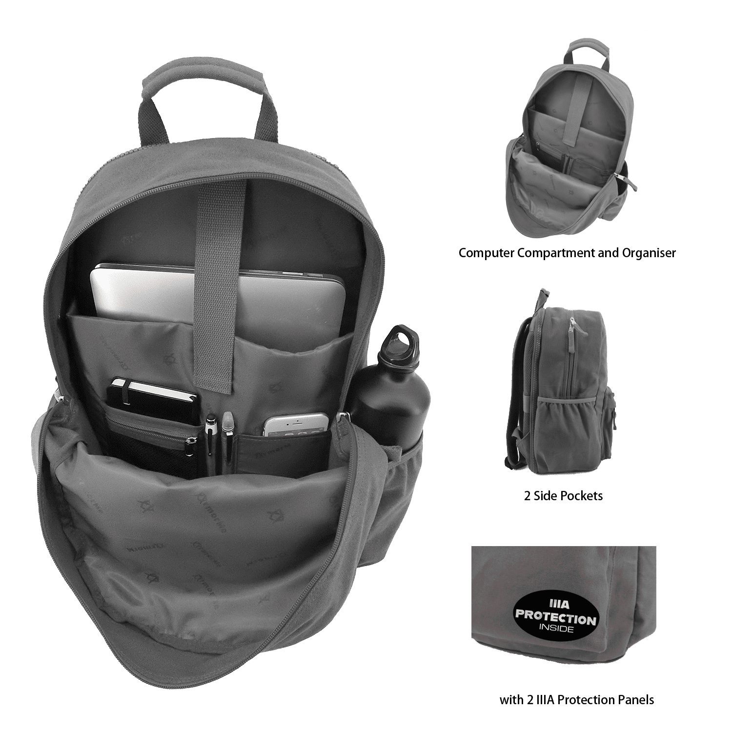 ArmorMe Double Bullet-resistant Panels Backpack grey open ...